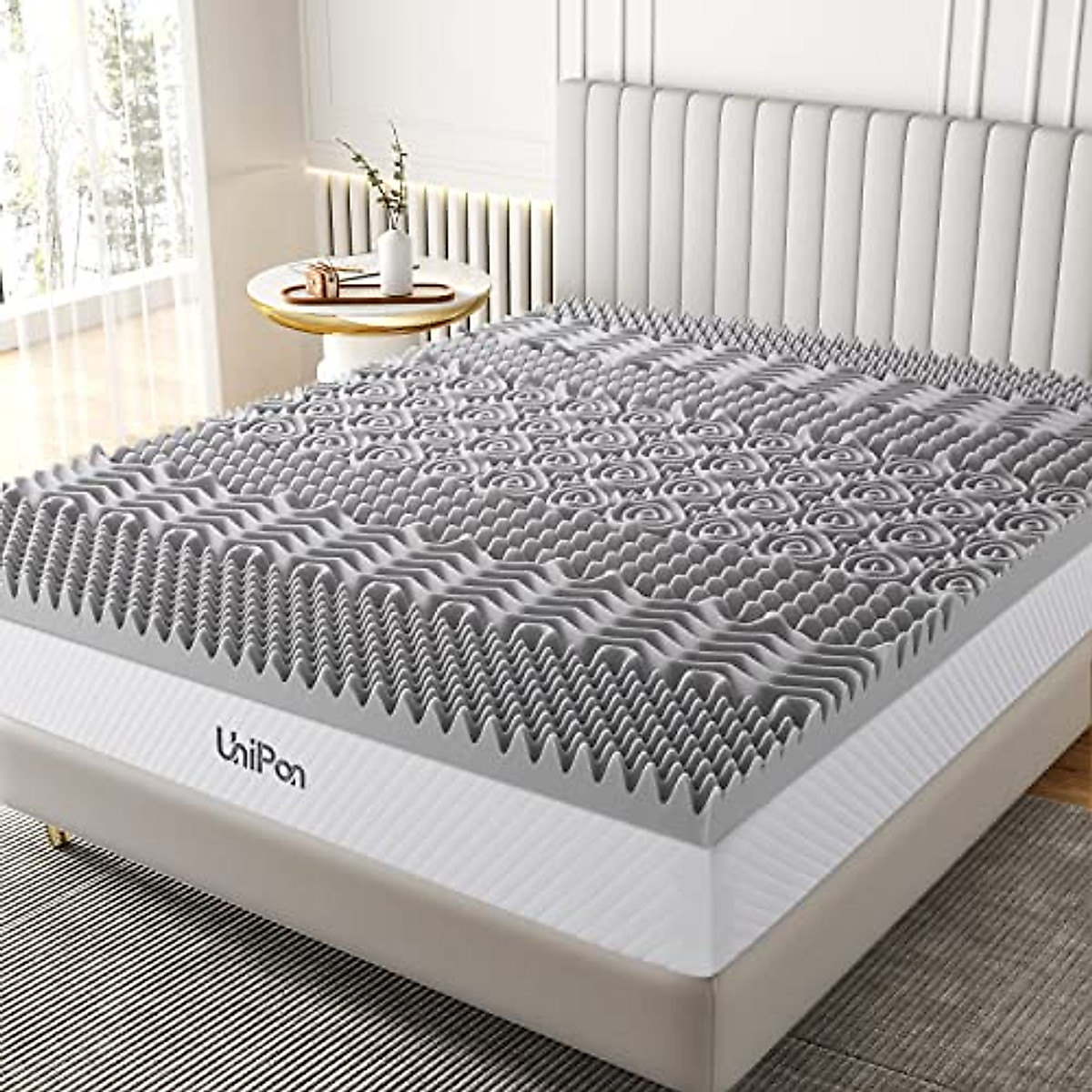 UniPon 3 Inch Egg Crate Memory Foam Mattress Topper, Charcoal Infused Mattress Topper, 7 Zones Foam Bed Topper, CertiPUR-US Certified (Queen)