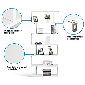 Tangkula 6 Shelf Bookcase, Modern S-Shaped Z-Shelf Style Bookshelf, Multifunctional Wooden Storage Display Stand Shelf for Living Room, Home Office, Bedroom, Bookcase Storage Shelf (1, White)