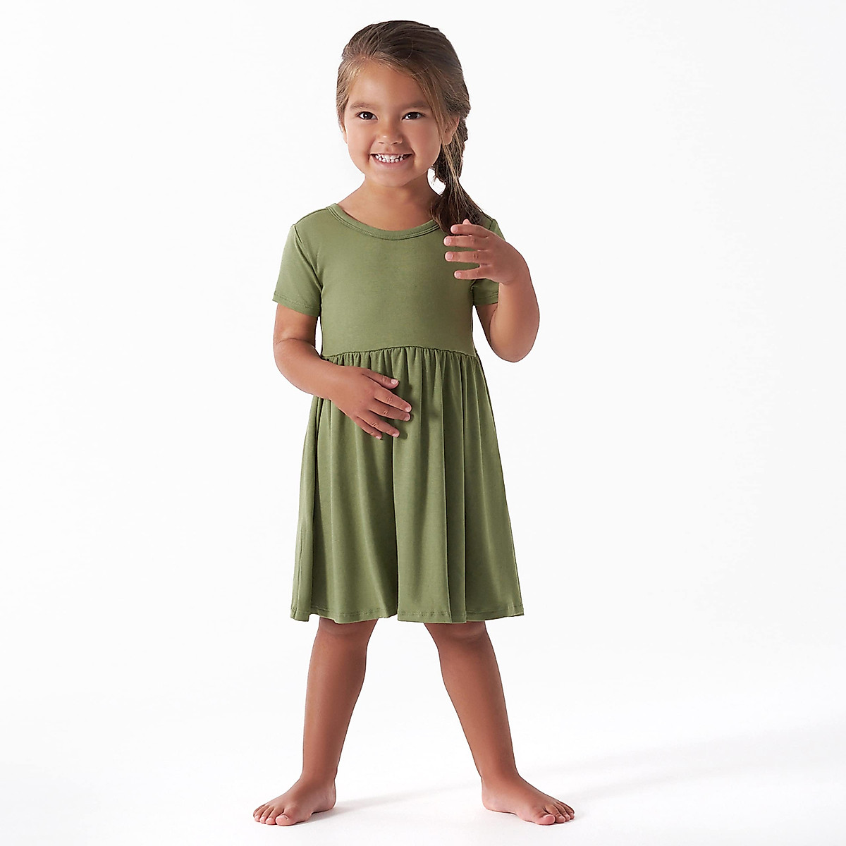 Gerber Baby Girls Toddler Buttery Soft Short Sleeve Twirl Dress with Viscose Made from Eucalyptus, Olive, 3T