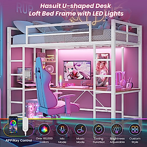 Hasuit Twin Metal Loft Bed with U-Shaped Desk, Charging Station &LED Lights, Twin LED Loft Bed with Open Storage Shelves, Safety Guardrail & Double Ladder,No Box Spring Needed, White Loft Bed