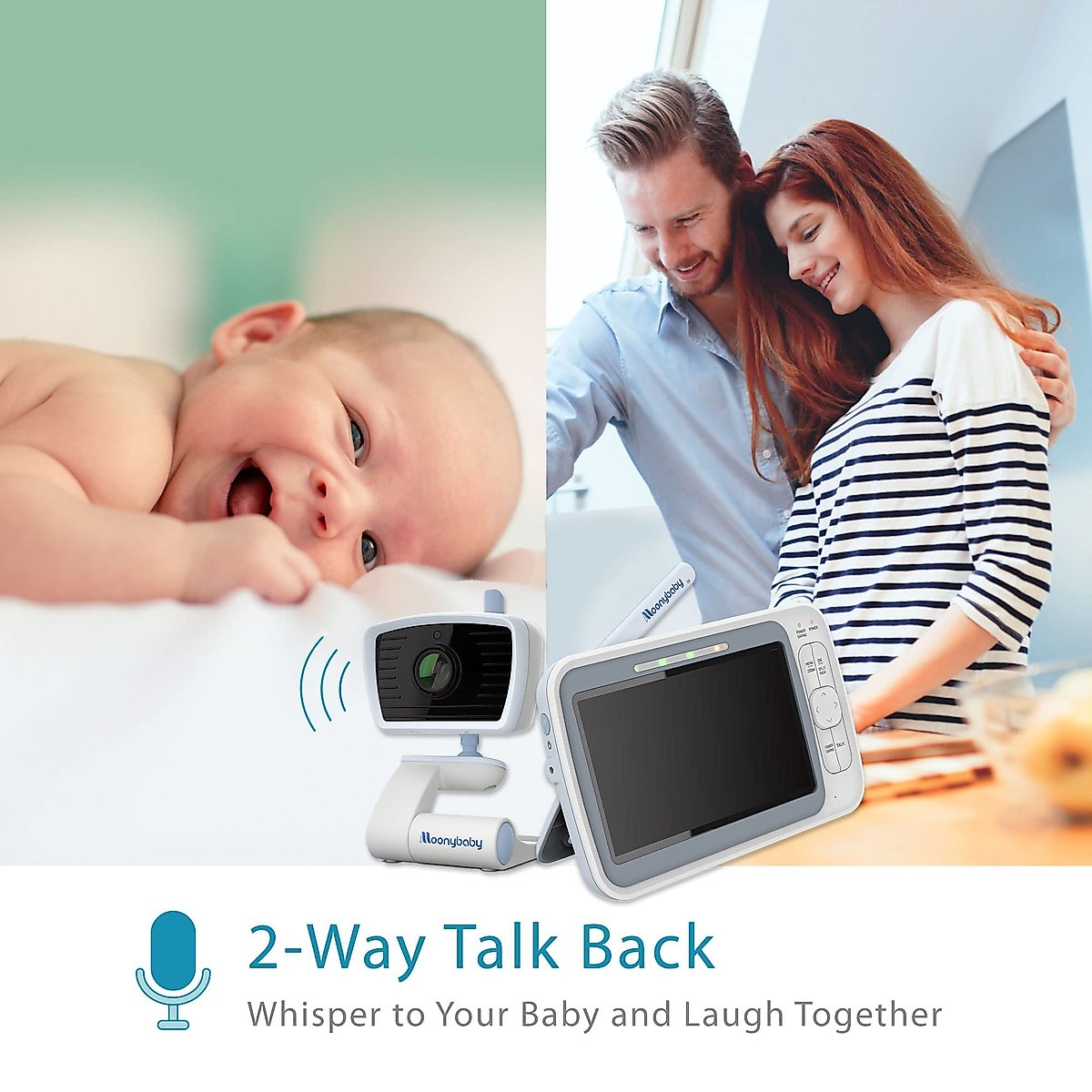 Moonybaby 5" HD A.N.R. (Auto Noise Reduce) Baby Monitor with Camera and Audio, Model: QuadView 30, No WiFi, 20 Days Battery Life in ECO Mode, Long Range, 2-Way Audio, Lullaby, Room Temperature Display