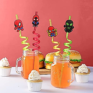 24 Spiderman Party Favors Reusable Spidey Drinking Straws 8 Designs Great for Spiderman Birthday Party Supplies with 2 Cleaning Brushes
