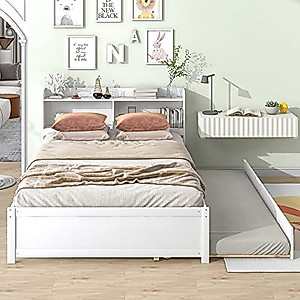 HomSof Full Bed with Trundle and Bookcase,White