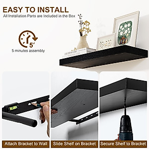 Fun Memories Floating Shelves for Wall, 24Inch Floating Shelves Set of 2, Hanging Shelf with Invisible Brackets, Wood Shelves for Living Room, Bedroom, Kitchen, Black