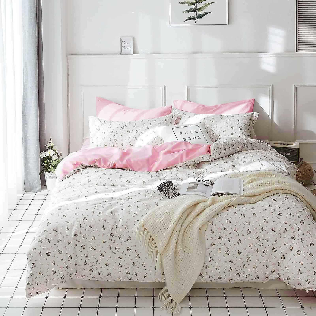 5 Pcs Twin Size Comforter Set with Sheets, Pink White Floral Pattern Printed Preppy Decor Reversible Bed Sets - 68 x 90 Soft Microfiber Flower Duvet Cottage Vintage Bedding in a Bag for Women Girls