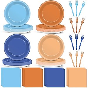 96Pcs Blue Dog Birthday Party Supplies Orange Blue Plates Napkins Forks Party Decor Blue Dog Tableware Dinnerware for Kids Boys Girls Birthday Baby Shower Dog Family Party Favors Serves 24 Guests