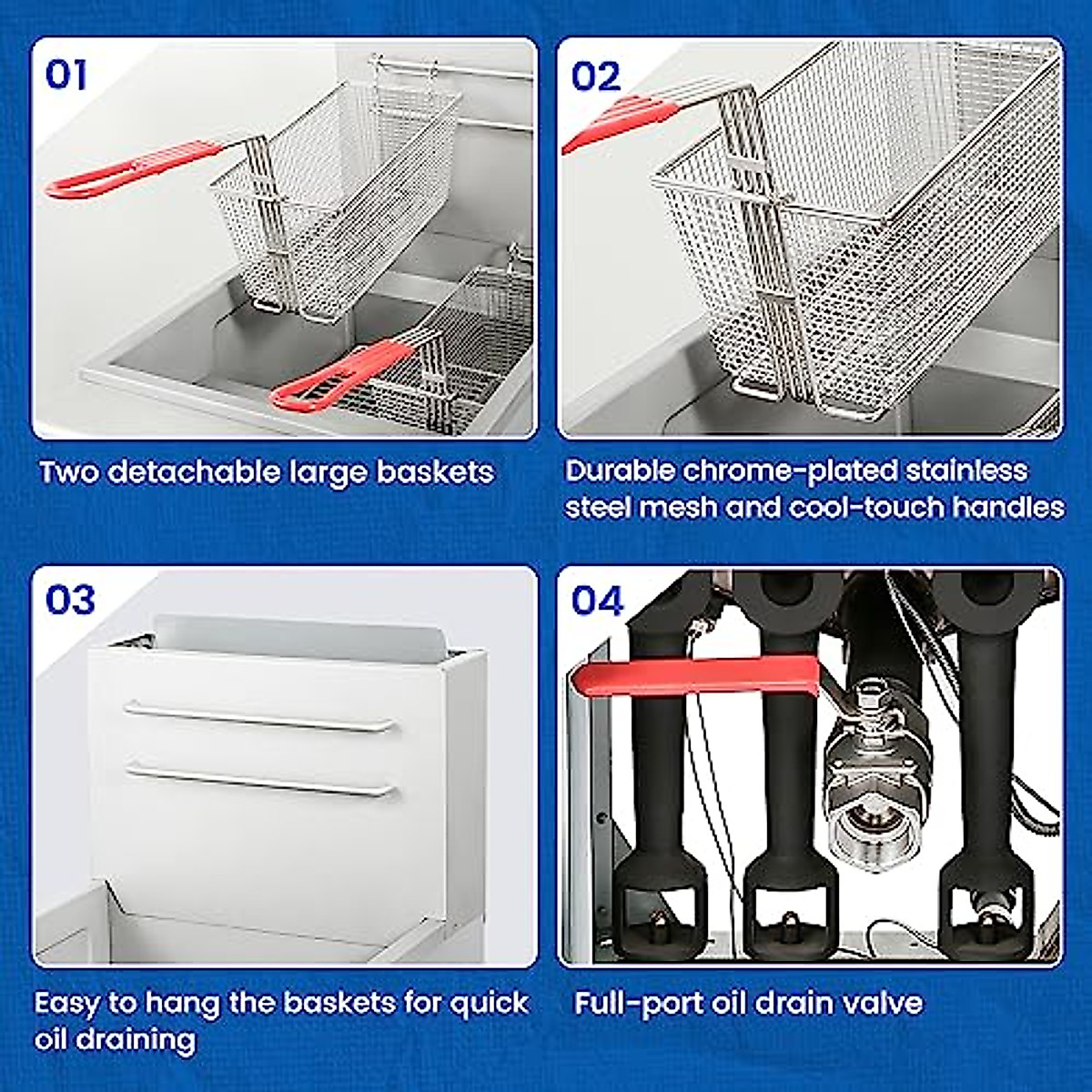 WMAOT 55 lbs Capacity 200-400°F Gas Floor Fryer, 4 Tube Commercial Deep Fryer with 2 Baskets, Restaurant Stainless Steel Natural Gas Upright Fryer, Deep Floor Fryer 120,000 BTU