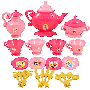 Disney Princess Playset Dinnerware Set - Plastic Princess Pretend Play Tea Time Play Set for Girls Kids Toddlers with Disney Princess Stickers and More