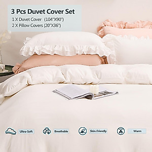 3 Pcs Duvet Cover King Size - 1 White Ruffle Duvet Comforter Cover with 2 Shabby Pillow Cases Ultra Soft Decorative Farmhouse Zipper Closure Breathable Quilt Cover Set Washed Cotton Bedding Bag Set