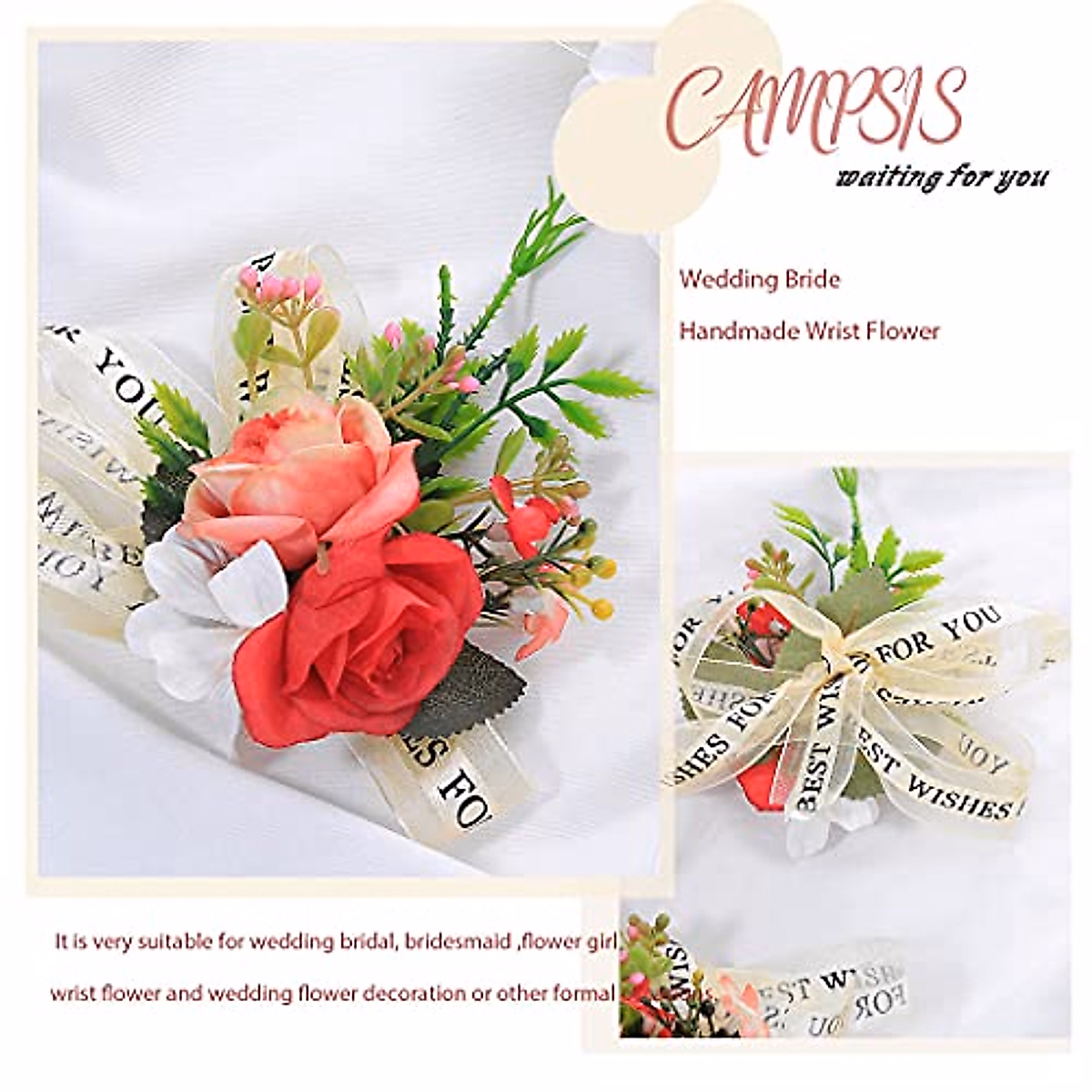 Campsis Wedding Bridal Handmade Wrist Flower Corsage Red Leave Ribbon Hand Flower Bride Bridesmaid Wristlet for Prom Party Beach Photography 2PCS