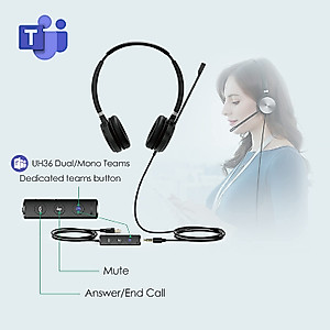Yealink UH36 Professional Wired Headset - Telephone Headphones for Calls and Music, Noise Cancelling Headset with Mic for Computer PC Laptop（for Teams Optimized, Stereo,3.5mm Jack/USB Connection）
