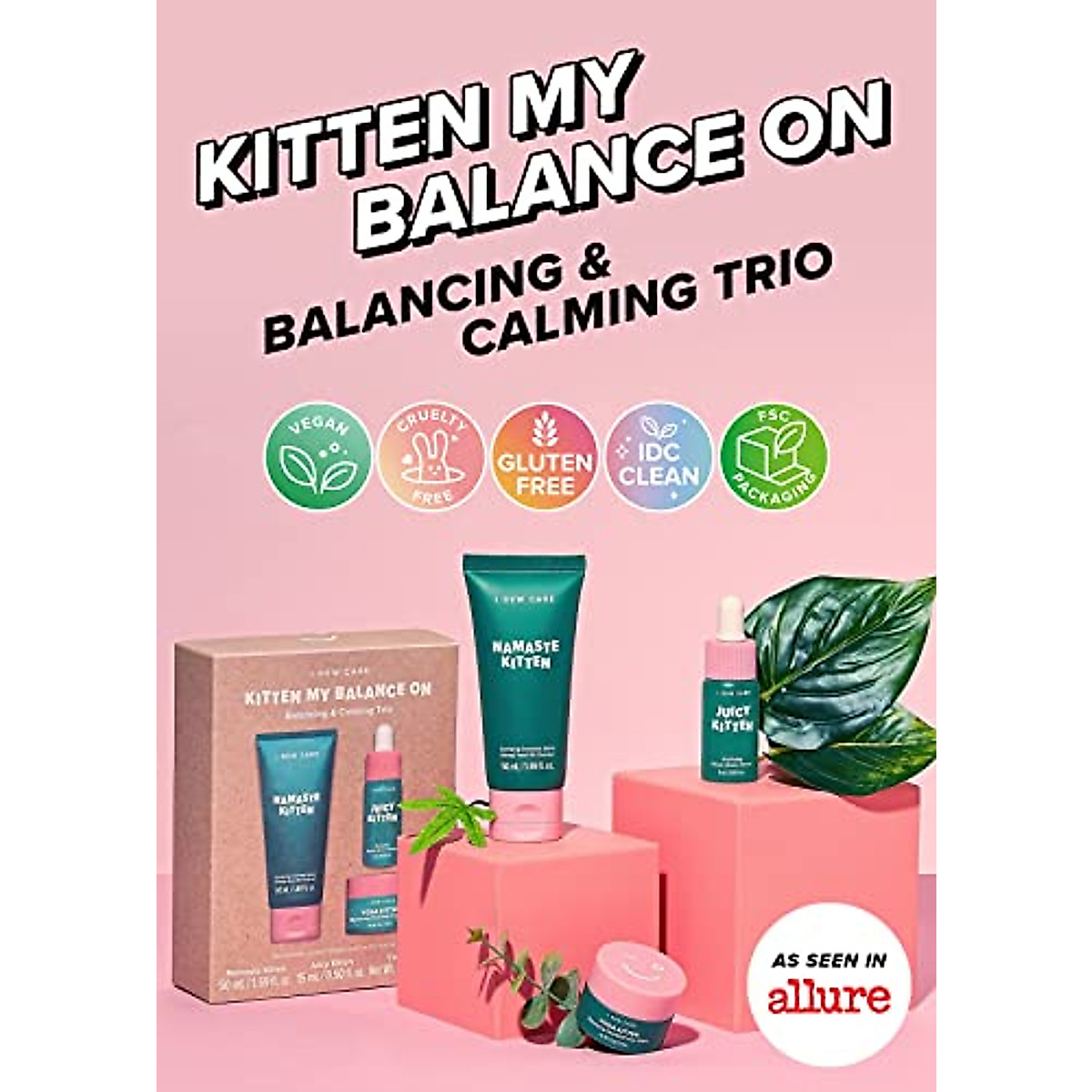 I Dew Care Heartleaf Skincare Set - Kitten My Balance On | Foam Cleanser, Wash-off Mask, Serum For Blemish Skin, With Kaolin, Heartleaf Extract, Gift, Travel Size, Korean Skincare, TSA Friendly Size