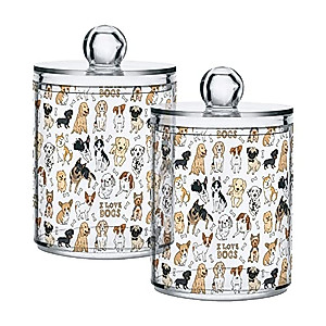 xigua 2 Pack Dogs Pattern Apothecary Jars with Lid, Qtip Holder Storage Containers for Cotton Ball, Swabs, Pads, Clear Plastic Canisters for Bathroom Vanity Organization (10 Oz)
