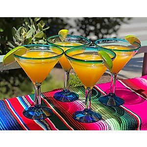 Mexican Hand Blown Glass – Set of 4 Hand Blown Modern Margarita Glasses - Aqua Rim (12 oz)