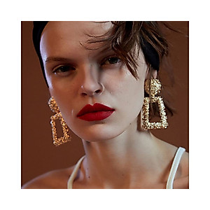 Gold Statement Geometric Dangle Earrings, Big Rectangle Drop Earrings for Women