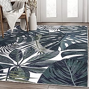 Abani 4' x 6' Rectangular Area Rugs - Machine Washable, Cream Green Leaf Contemporary Style Large Rugs, Polypropylene, Stain Resistant and Non-Shedding