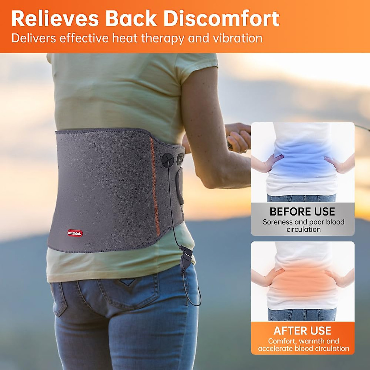 Comfheat Back Heating Pad with Vibration Massage for Lower Back Pain Relief USB Lumbar Heating Pads for Car Travel, Heated Waist Belt Warm Therapy Helpful for Lumbar Spine, Cramps (Non-Rechargeable)