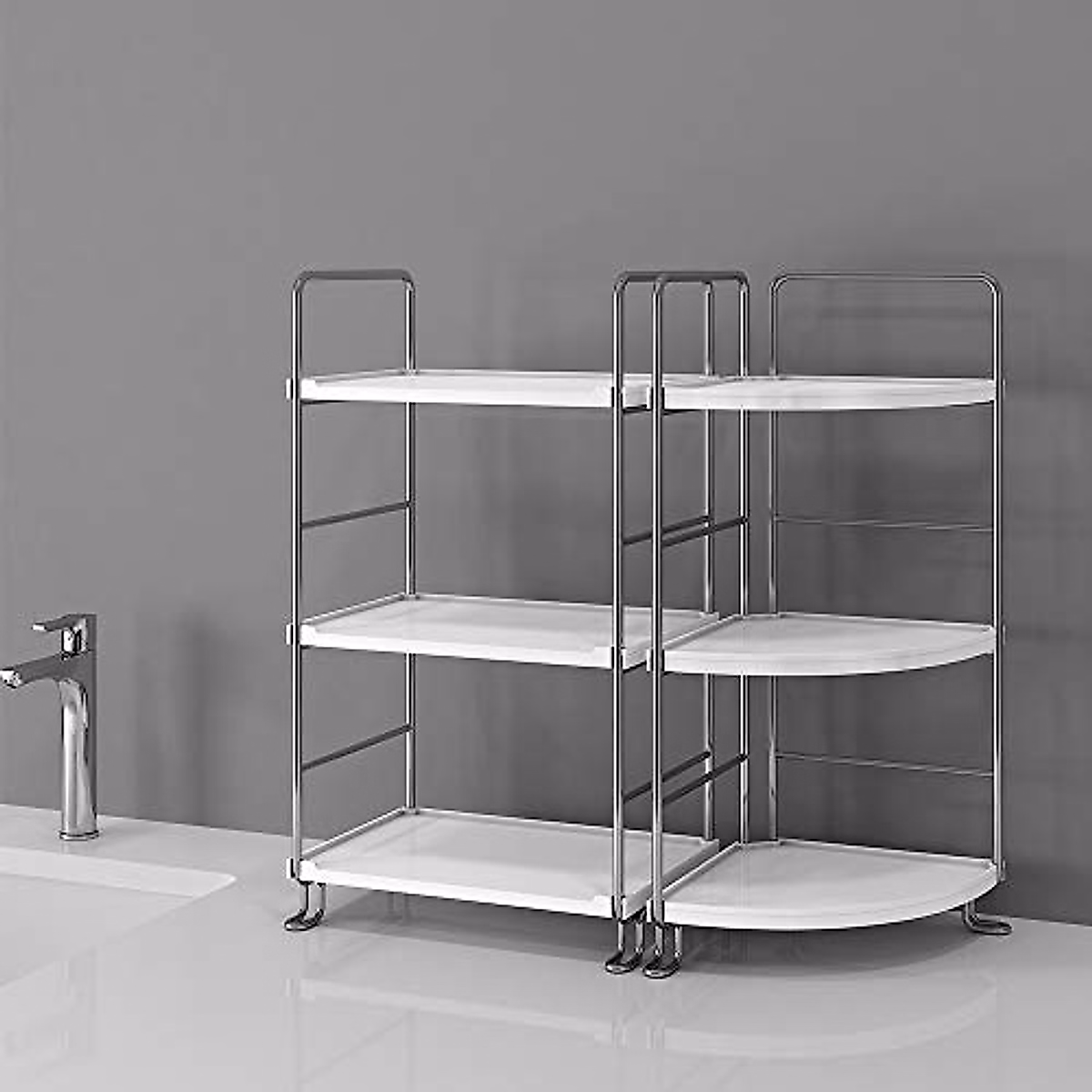 KINGBERWI 3-Tier Corner Spice Rack Kitchen Bathroom Countertop Organizer Vanity Tray Cosmetic Makeup Storage Standing Shelf, Silver