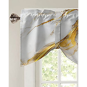 Yun Nist Tie Up Curtain Valance for Kitchen,Abstract White Marble Gold Stripe Window Valances Adjustable Tie-up Shade Valance,Modern Geometry Art Rod Pocket Short Curtains for Bathroom 42x12in
