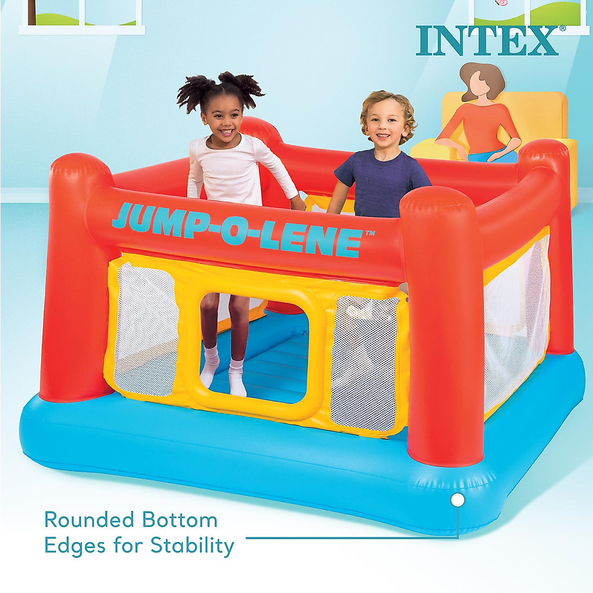 Intex Inflatable Jump-O-Lene Indoor or Outdoor Playhouse Trampoline Bounce Castle House with Crawl-Thru Door and Net for Kids Ages 3-6