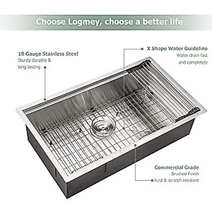 Stainless Steel Undermount Sink - Logmey 30x19 inch Kitchen Sink Single Bowl 18 Gauge Stainless Steel Workstation Sink Basin