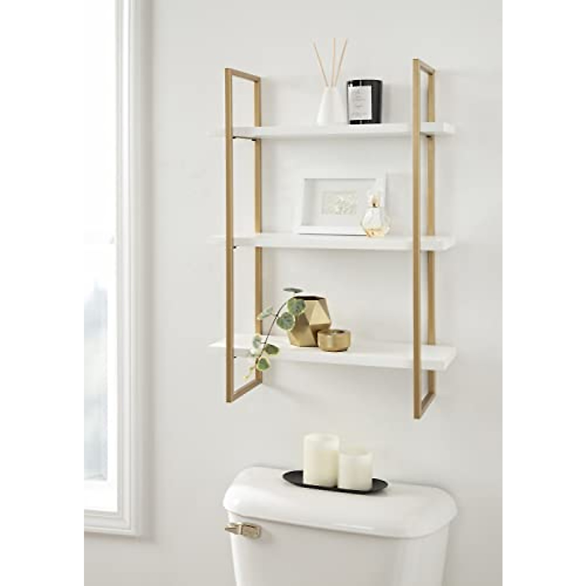 Kate and Laurel Leigh Modern 3 Tier Wall Shelf, 20 x 30, White and Gold, Decorative Contemporary Glam Multi-Tiered Shelf Wall Organizer for Storage and Display