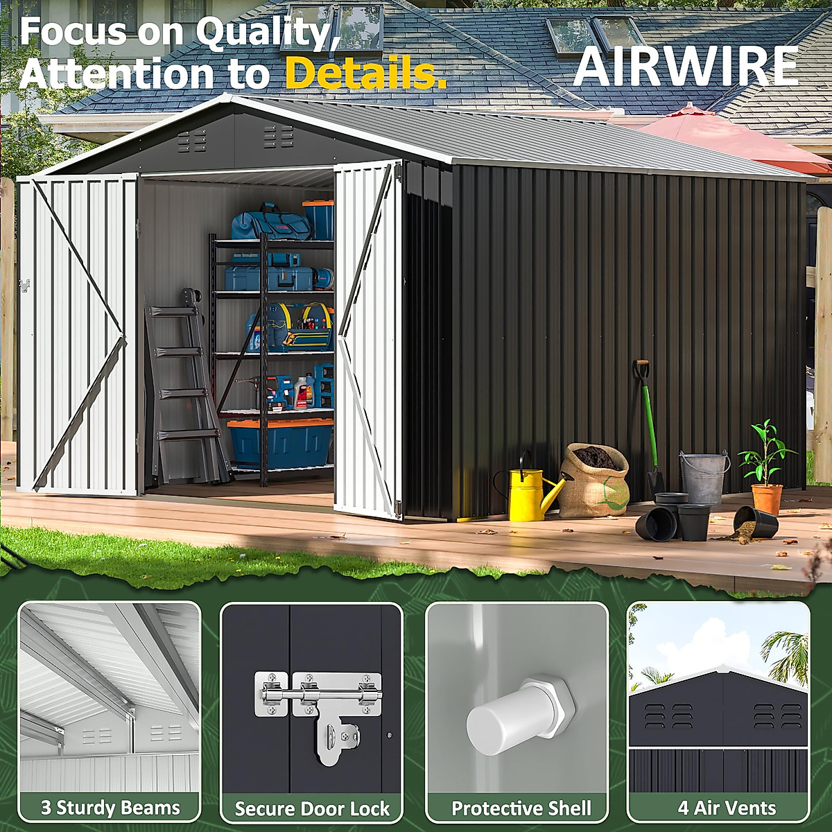 AirWire 10x10 FT Outdoor Storage Shed, Garden Shed with Updated Frame Structure and Lockable Doors, Metal Tool Sheds for Backyard Garden Patio Lawn, Grey