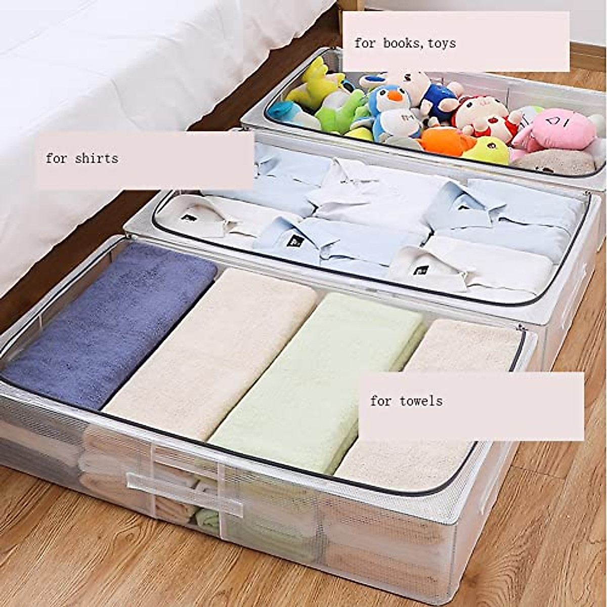 eYourlife2012 2 Packs Under Bed Dormitory Quilt Clothes Storage Box Organizer Transparent Flat Stackable Foldable Visible PVC Mesh with Steel Frame Storage Boxes Organizers