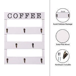 EMAISON Solid Wood Coffee Mug Holder Wall Mounted, Rustic Cup Rack with 8 Hooks Large Space for Big Cups for Kitchen, Home, Coffee Bar Station (White)