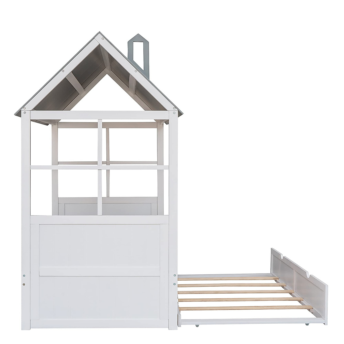 BIADNBZ Twin Size House Bed with Trundle,Wooden Playhouse Platform BedFrame with Roof and Window Design for Kids Teens Boys Girls Bedroom,No Box Spring Needed,White+Gray