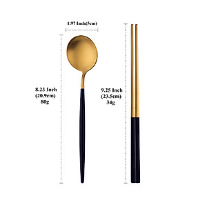 QOBIMOON Reusable Chopstick and Spoon Set,Stainless Steel Korean Spoons Chopsticks,Metal Chopsticks Spoons Set of 3 Dinnerware For Home or Restaurant,Black Gold