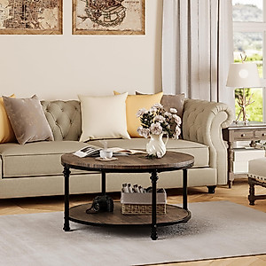 GAOMON Round Coffee Table Living Room 34.25in Rustic Circle Center Table with Storage Shelf 2-Tier Modern Wood Coffee Table Metal Frame, Easy Assembly(Light Walnut)