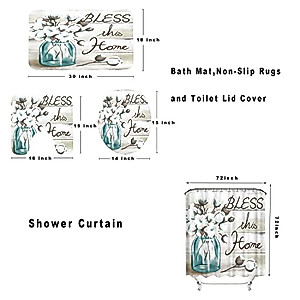 RnnJoile Farmhouse Bathroom Sets with Shower Curtain and Rugs Cotton with Bless This Home Art Sign Bath Curtain 4 Piece Fabric Cloth Bathroom Decor Set with Hooks Teal