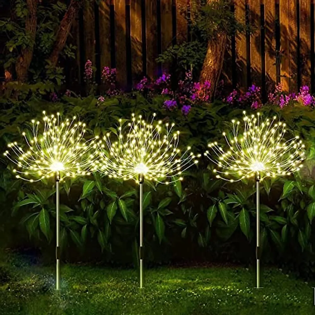 Upgrated 3 Pack Solar Garden Path Lights with Remote, 120 LED Solar Firework String Lights Outdoor, 8 Modes Landscape Stake Lights for Walkway Backyard Patio Christmas Wedding Party (Warm White)