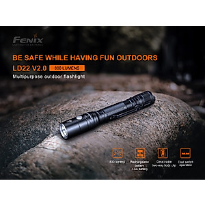 Fenix LD22 V2 800 Lumen Slim LED Tactical Flashlight, Rechargeable Battery, 2 X AA Batteries with EdisonBright Charging Adapter
