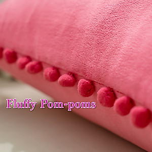 VK VK·LIVING Throw Pillow Covers 18x18 Decorative Pillow Covers with Pom-poms, Soft Velvet Hot Pink Throw Pillow Covers Set of 2 for Couch Bedroom Car