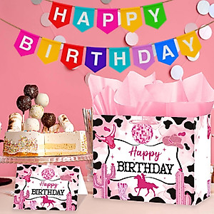 Pink Cowgirl Birthday Gift Bag Set with Tissue Paper – Extra Large Birthday Bag for Girls, Cowgirl Party Decorations, Western Theme Gift Bags for Women Kids, Disco Cowgirl Party Favors, 11.8 x 9.4 x 5.3 Inches