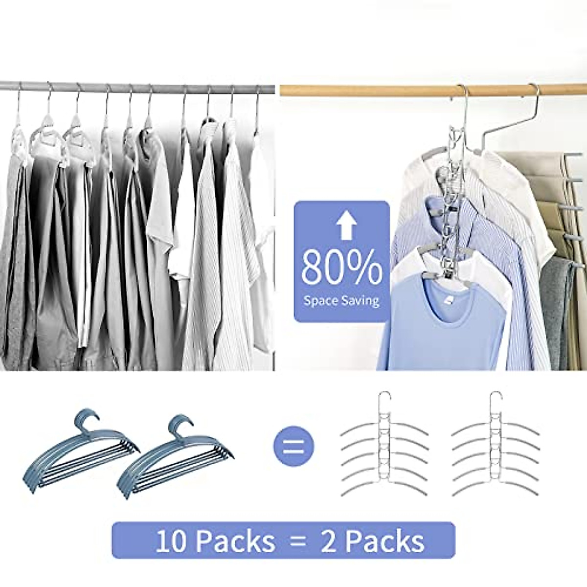 Nature Smile 2 Pack 5 in 1 Anti Slip Multiple Sweater Coat Hangers,Multi Layers Wardrobe Clothes Rack,Heavy Duty Metal Space Saver Shirt Blouse Hanger Closet Storage Organizer,Light Grey Color