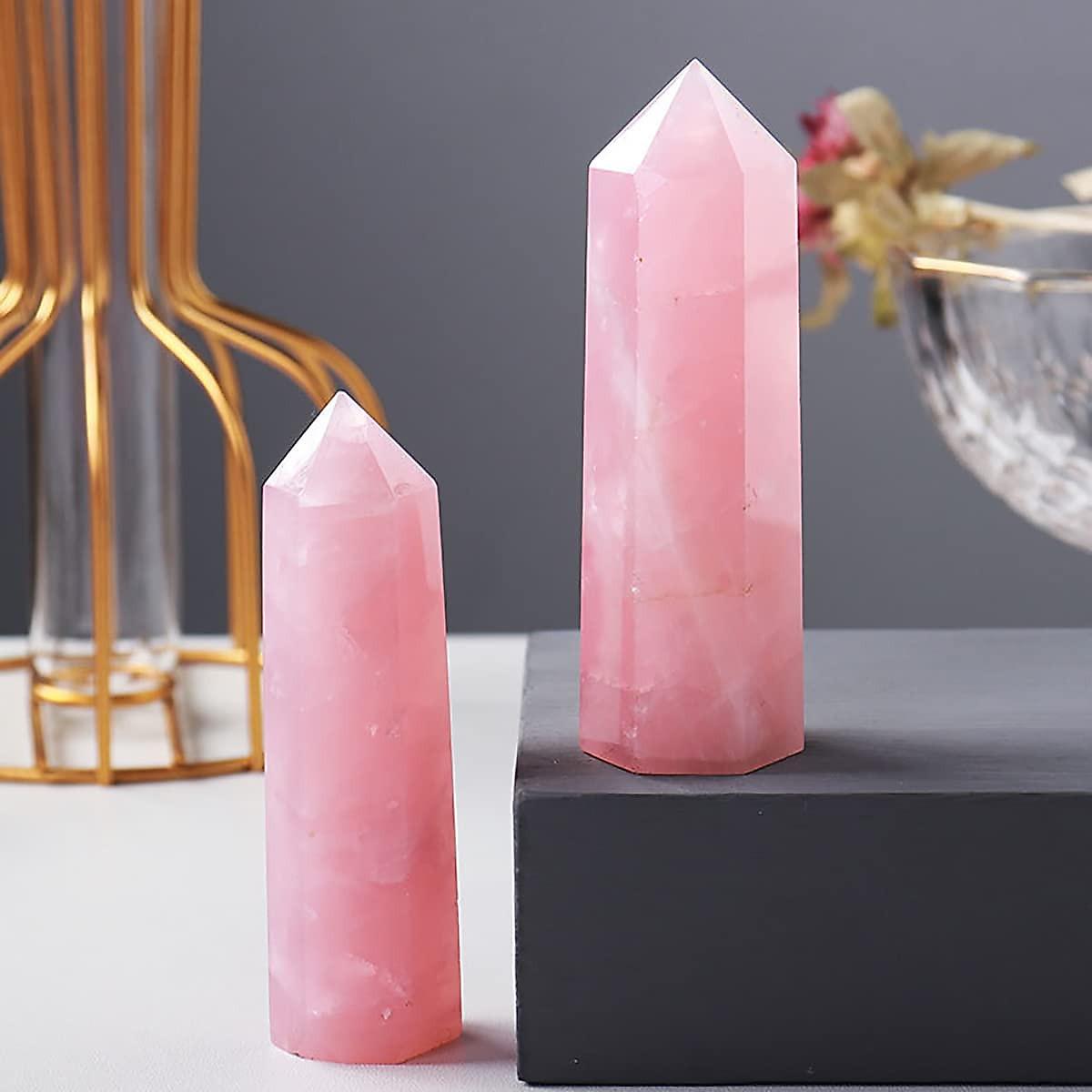 AMOYSTONE Rose Quartz Obelisk Tower Large Healing Crystal Wand Point 6 Faceted Reiki Chakra Meditation Therapy Pink 1.1-1.7 LBS