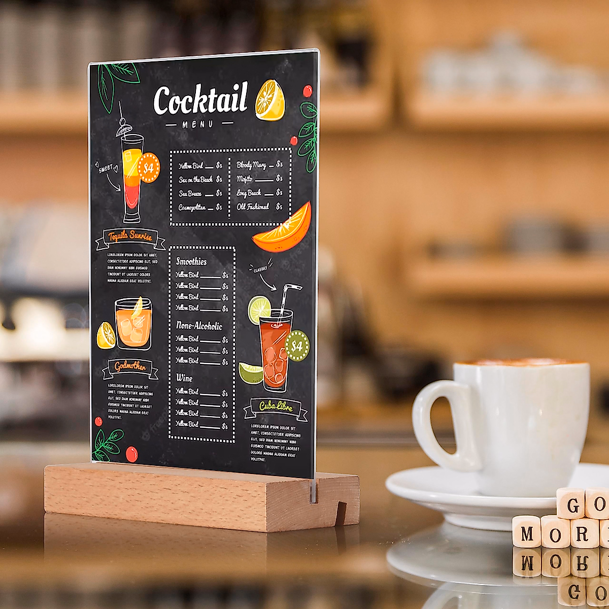 newnewshow Acrylic Sign Holder with Wood Base Wood Sign Holder Vertical or Slant Back Display for Store Office (5x7 L/T)