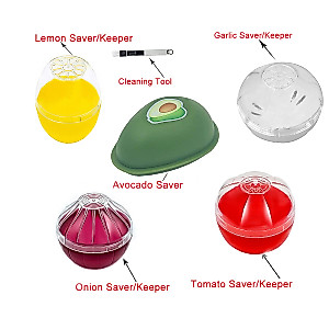 Yamesu Onion Lemon Garlic Avocado Tomato Storage Containers, Reusable Onion Lemon Garlic Avocado Tomato Saver Holder & Potato Bag for Fridge to Keep Fresh 6 Pieces Sets with a Brush