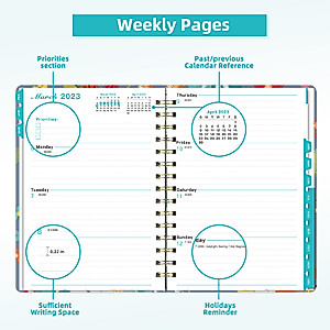 Ymumuda 2023 Planner, Weekly Monthly Planner 2023, 12-Month School Planner from JAN.2023 to DEC.2023, 8.4" X 6", Spiral Planner Notebook with Stickers, Elastic Closure, Inner Pocket, Coated Tabs, Grey Embroidery Floral