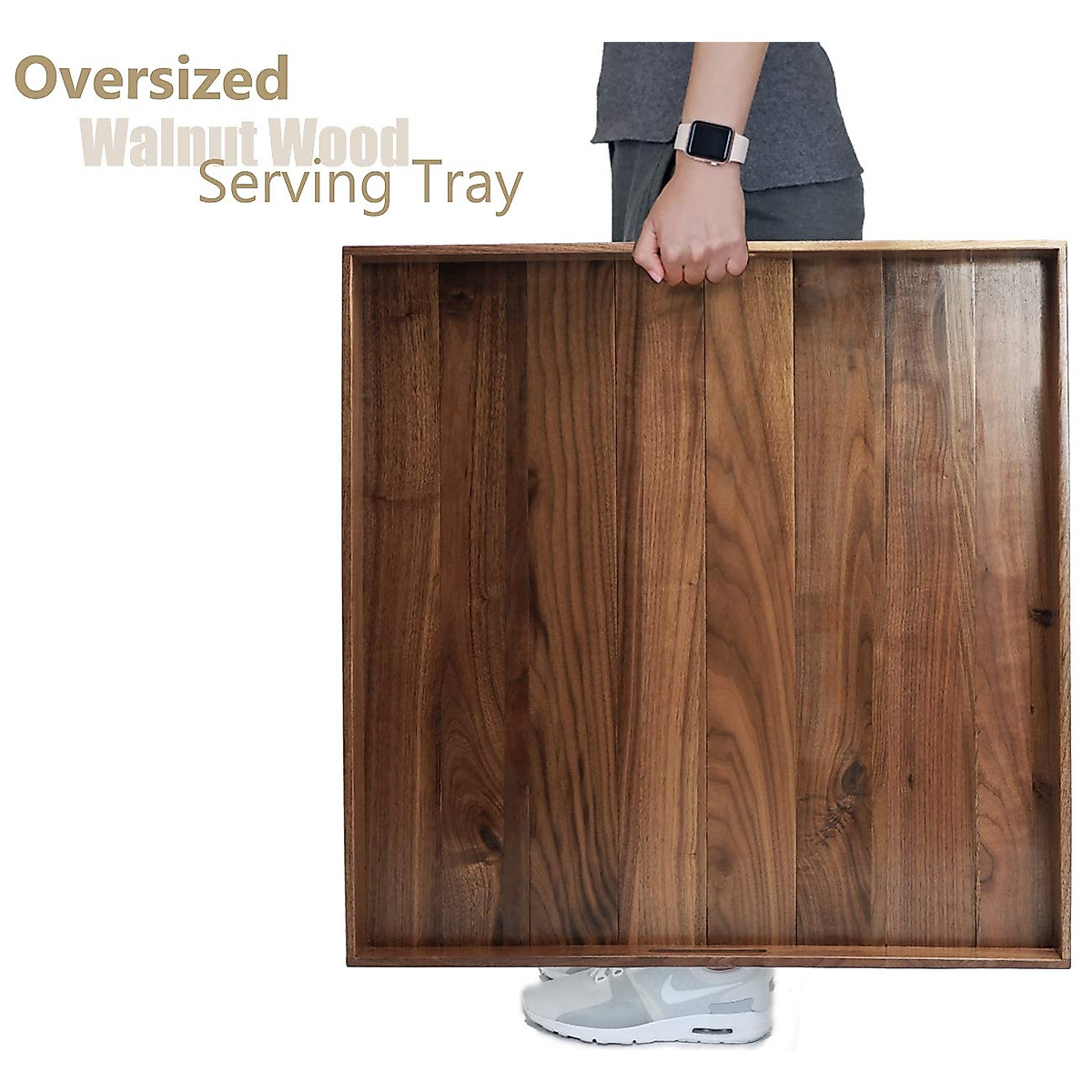 MAGIGO 24 x 24 Inches Extra Large Square Black Walnut Wood Ottoman Tray with Handles, Serve Tea, Coffee or Breakfast in Bed, Classic Wooden Decorative Serving Tray