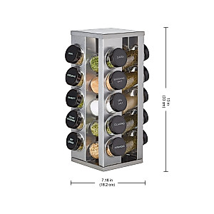 Kamenstein Brushed Stainless Steel 20-Jar Revolving Countertop Spice Rack, Pre Filled Spice in the USA, 5 Year Free Refills, Removable Sifter Cap with easy to Refill Glass Jars Labeled