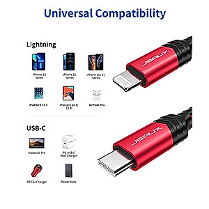 JSAUX USB C to Lightning Cable [2 Pack 6FT], [Apple MFi Certified] iPhone 13 Charger Cable Compatible with iPhone 14/13 Pro/13 Pro Max/12 Pro/11 Pro Max/X/XS/XR/8, iPad 9th 2021, AirPods Pro-Red
