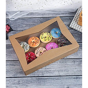 ONE MORE [15-Pack] 14 x10 x 3inch Brown Paperboard Lock Corner Window Bakery Cookie Boxes, Large Container with PVC Windows for Pie and Cookie Box