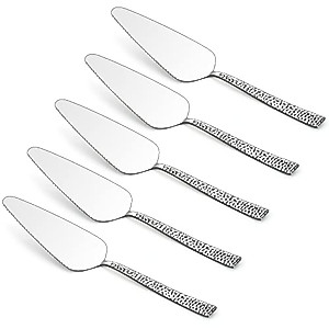 5-Piece Pie Server, E-far Hammered Stainless Steel Cake Server Spatula for Cutting Pastry Cheese Pizza, Serrated Edge with Square Handle, Mirror Polished & Dishwasher Safe-8.9 Inch