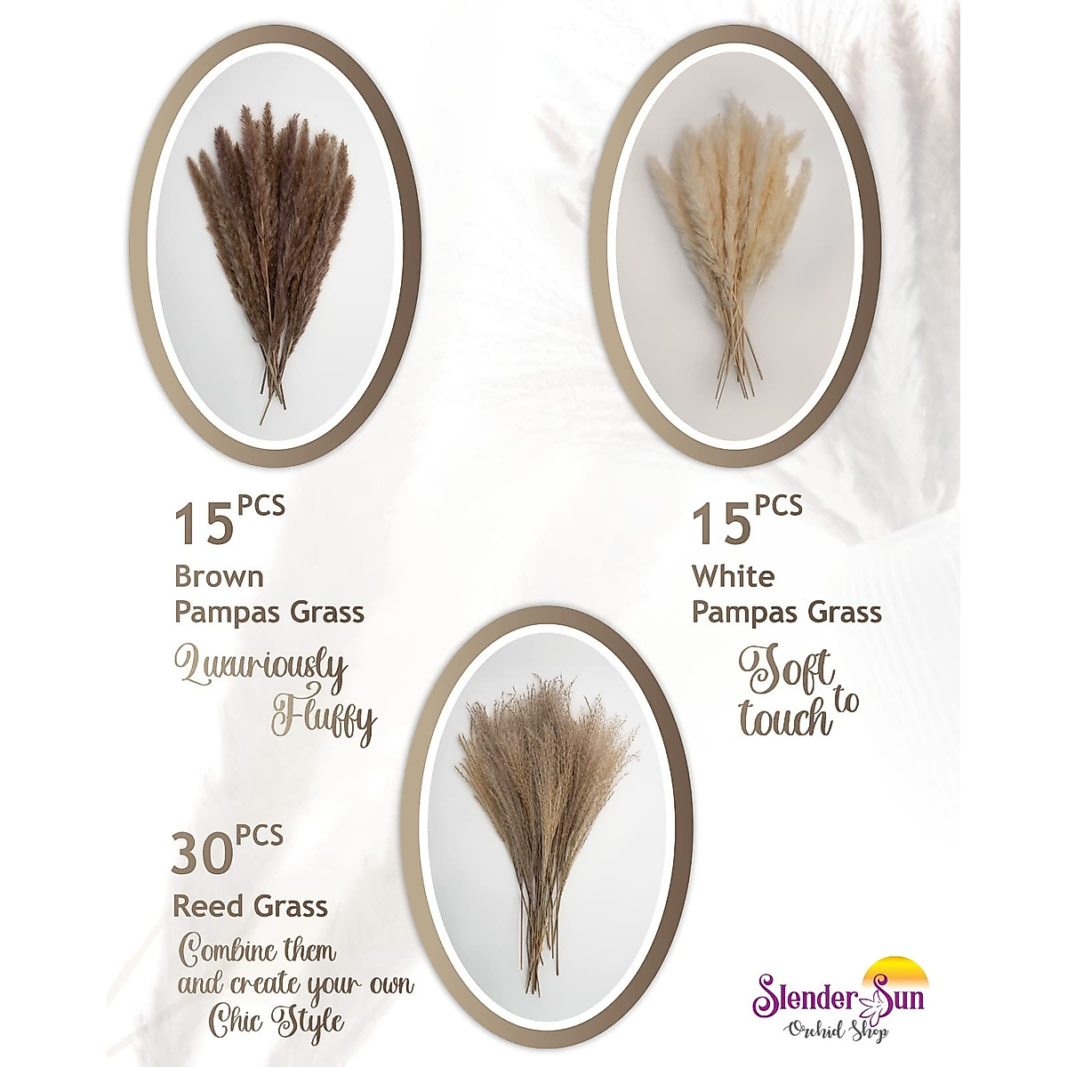 Spear SLENDERSUN Orchid Bouquet Dried Pampas Grass – Pack of 60 Pcs Tall Stems (17,7”) Soft & Fluffy Floral Bouquets Minimalist, Rustic, Luxury Home Garden Décor, White, Brown, Reed