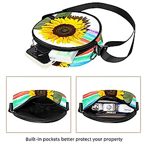 Sunflower Crossbody Bag for Women Teen Girls Round Canvas Shoulder Bag Purse Tote Handbag Bag