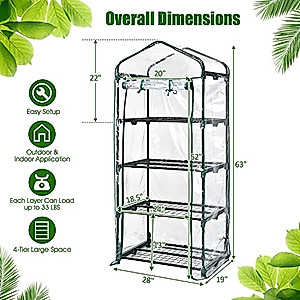 Renatone 4 Tier Mini Greenhouse, Portable Gardening Tent with Weatherproof PE Cover, Zippered Roll-up Door, Steel Frame, Outdoor Garden Greenhouse for Backyard Balcony Patio (Clear)